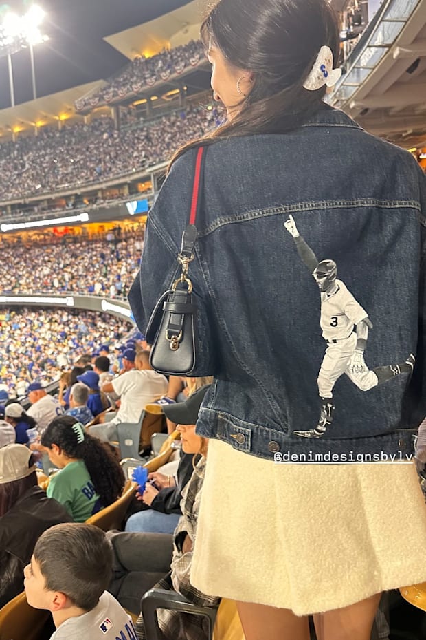 Chris Taylor's wife Mary Keller in custom denim jacket for Dodgers Game 1