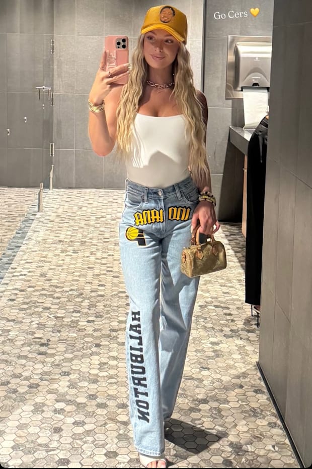 Jade Jones flaunts custom Tyrese Haliburton shoestring top for Pacers ...