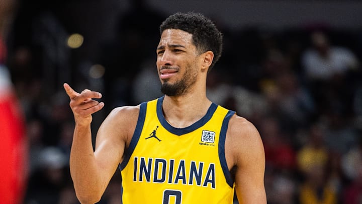 Tyrese Haliburton wore matching PUMA sneakers with Pacers mascot