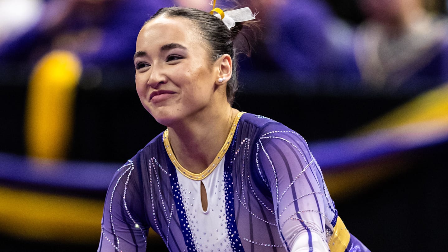 LSU's Aleah Finnegan unveils sparkly black and purple leotard at NCAA ...
