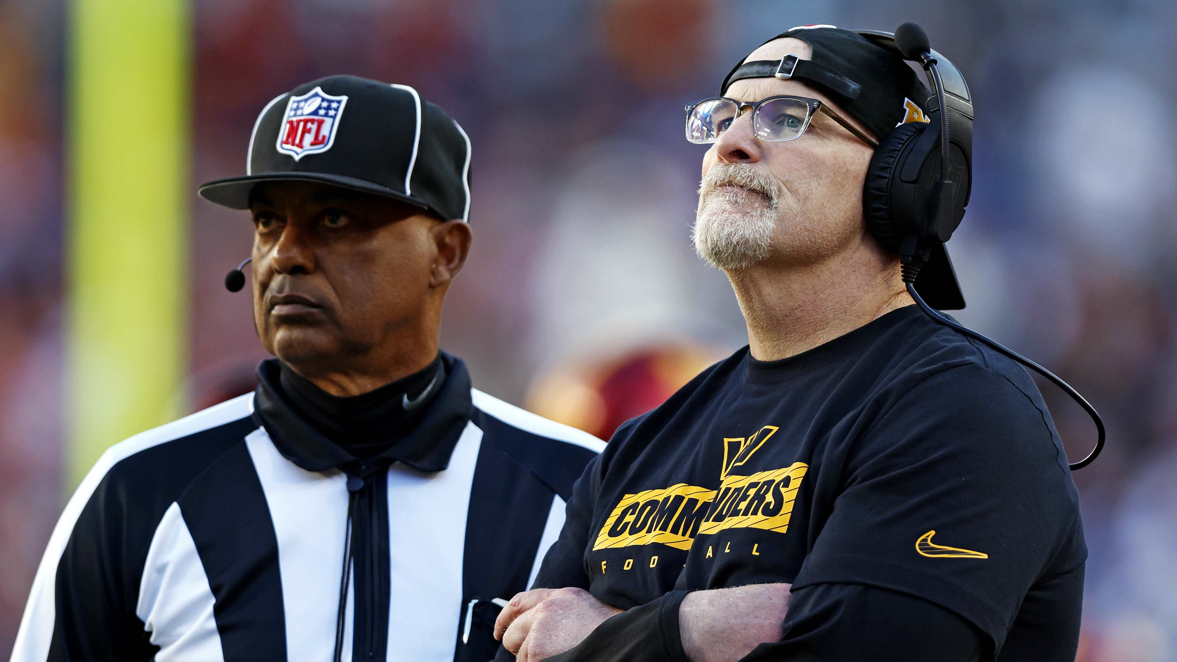 Who are the announcers and referees for Eagles vs. Commanders today?