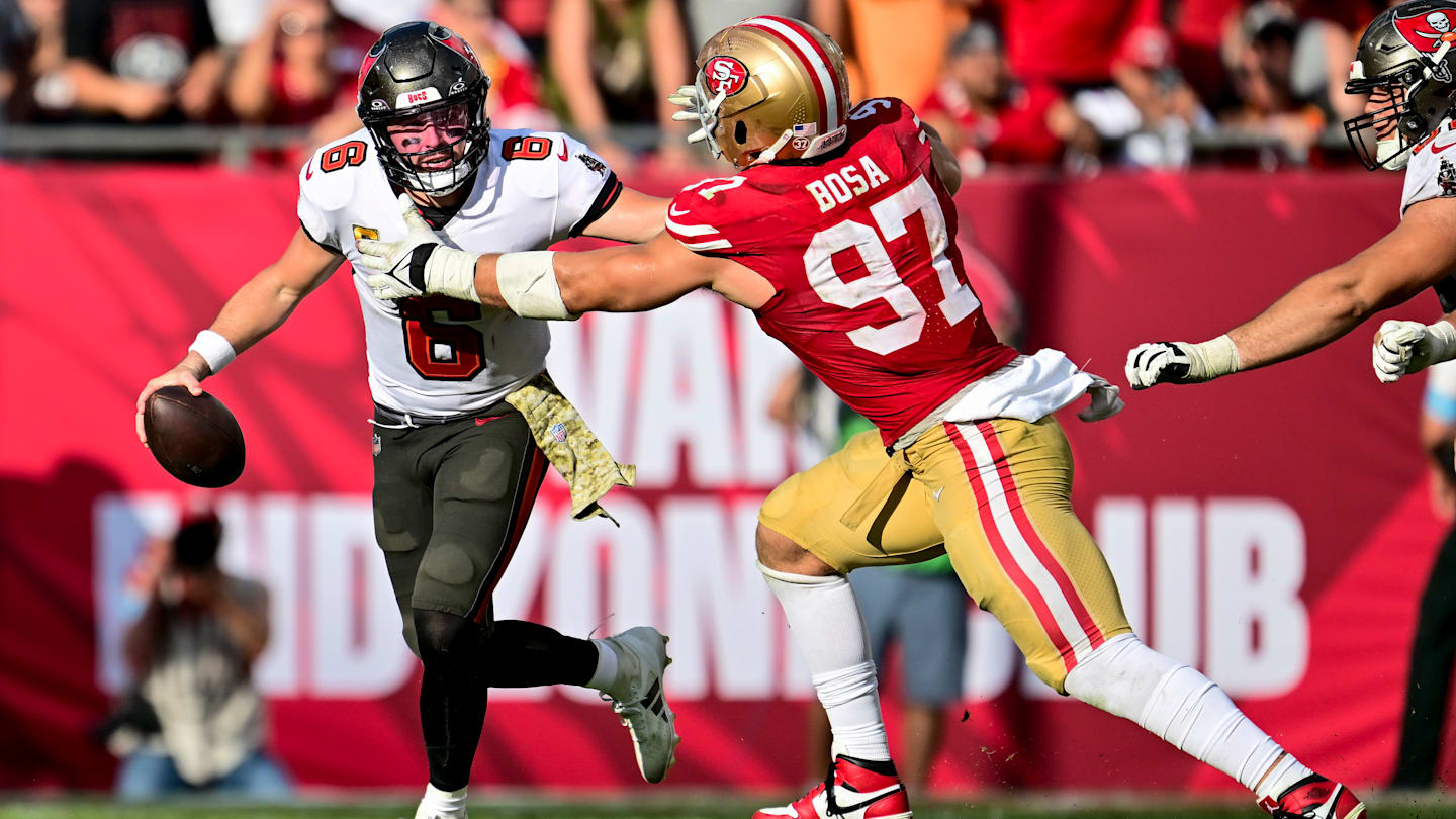 Baker Mayfield embarrassed Nick Bosa while stiff-arming him into another dimension