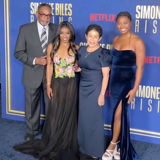 Simone Biles' sister Adria stuns in high-slit, strapless dress at ...