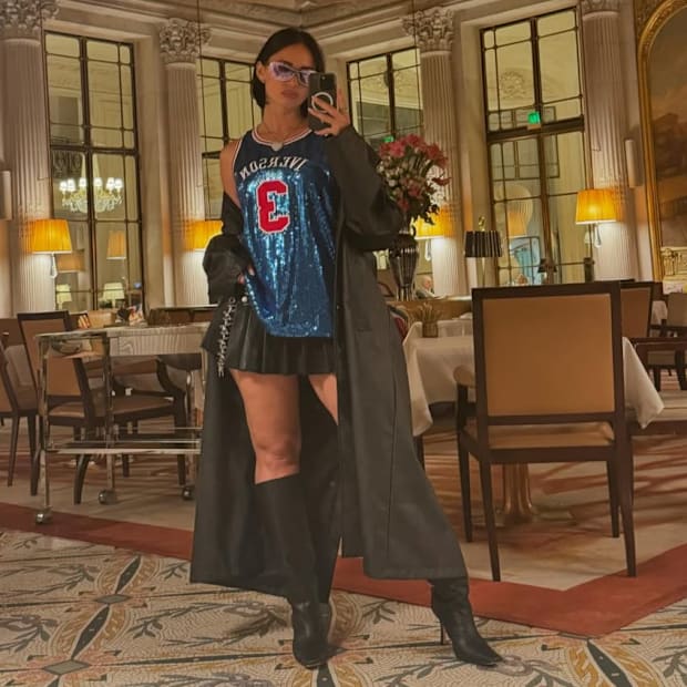 YesJulz, Julz Goddard, rocks blinged-out Allen Iverson Jersey at Paris Fashion Week