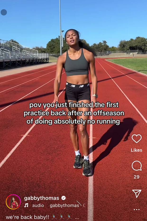 Gabby Thomas flaunts abs in slo-mo video in fatigued return to track