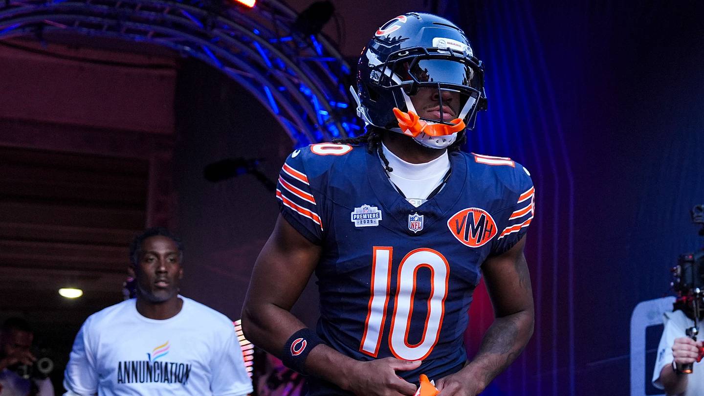 Luther Burden reacts to his first NFL touchdown coming in volcanic fashion