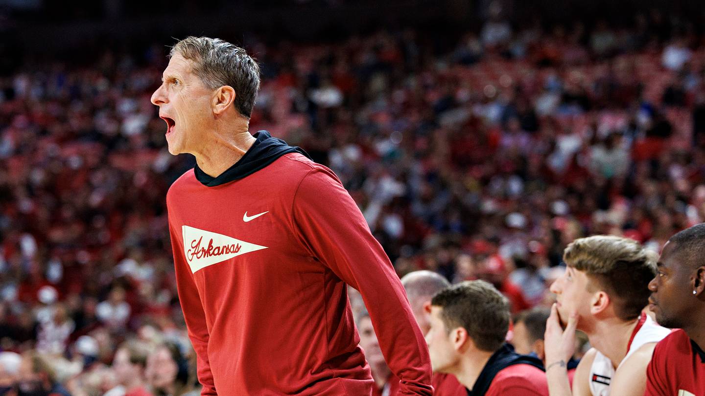 Arkansas Basketball's Eric Musselman calls out his team during two-game ...