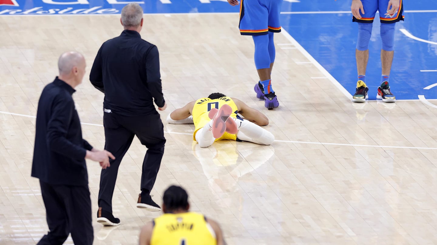 EventAware - Tyrese Haliburton Suffers Achilles Injury During NBA Finals Game 7 Against Thunder