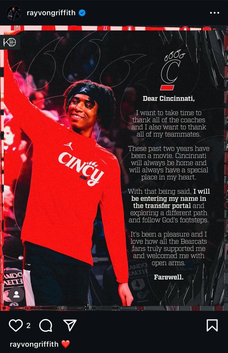 Cincinnati Bearcats Basketball Wing Rayvon Griffith Entering Transfer ...