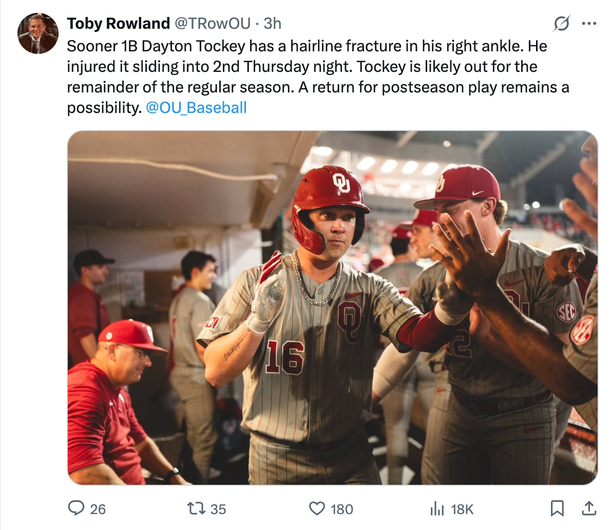 OU Baseball: Oklahoma First Baseman Dayton Tockey Injured, Out Indefinitely