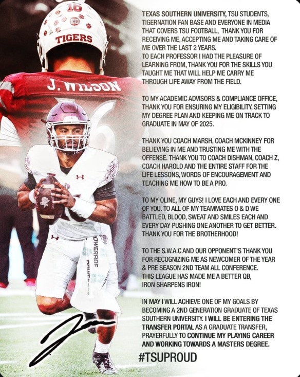 Texas Southern's Starting Quarterback Jace Wilson Enters NCAA Transfer ...