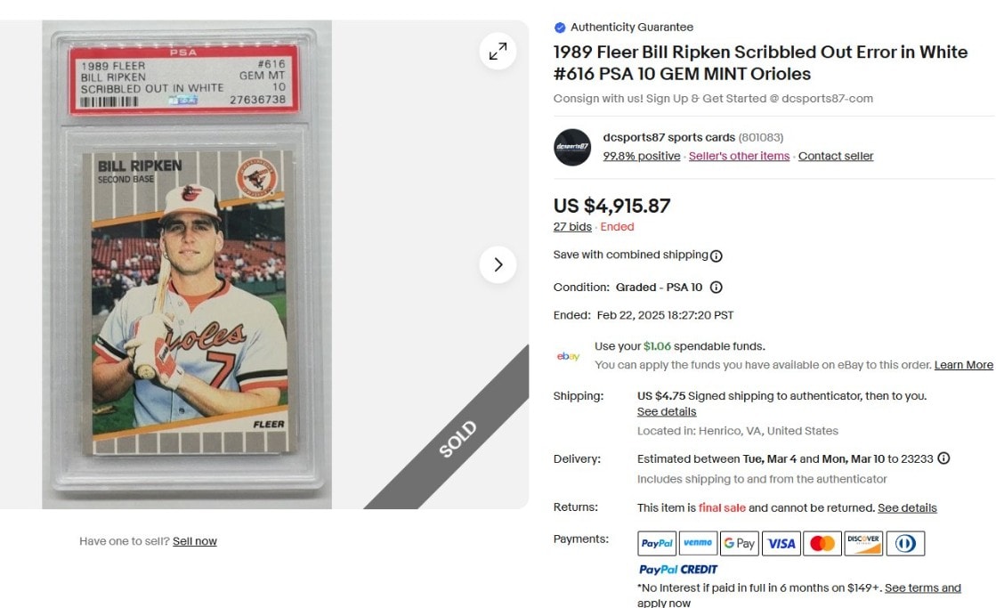 1989 Fleer Bill Ripken Error Card sets record "Scribbled Out in White ...