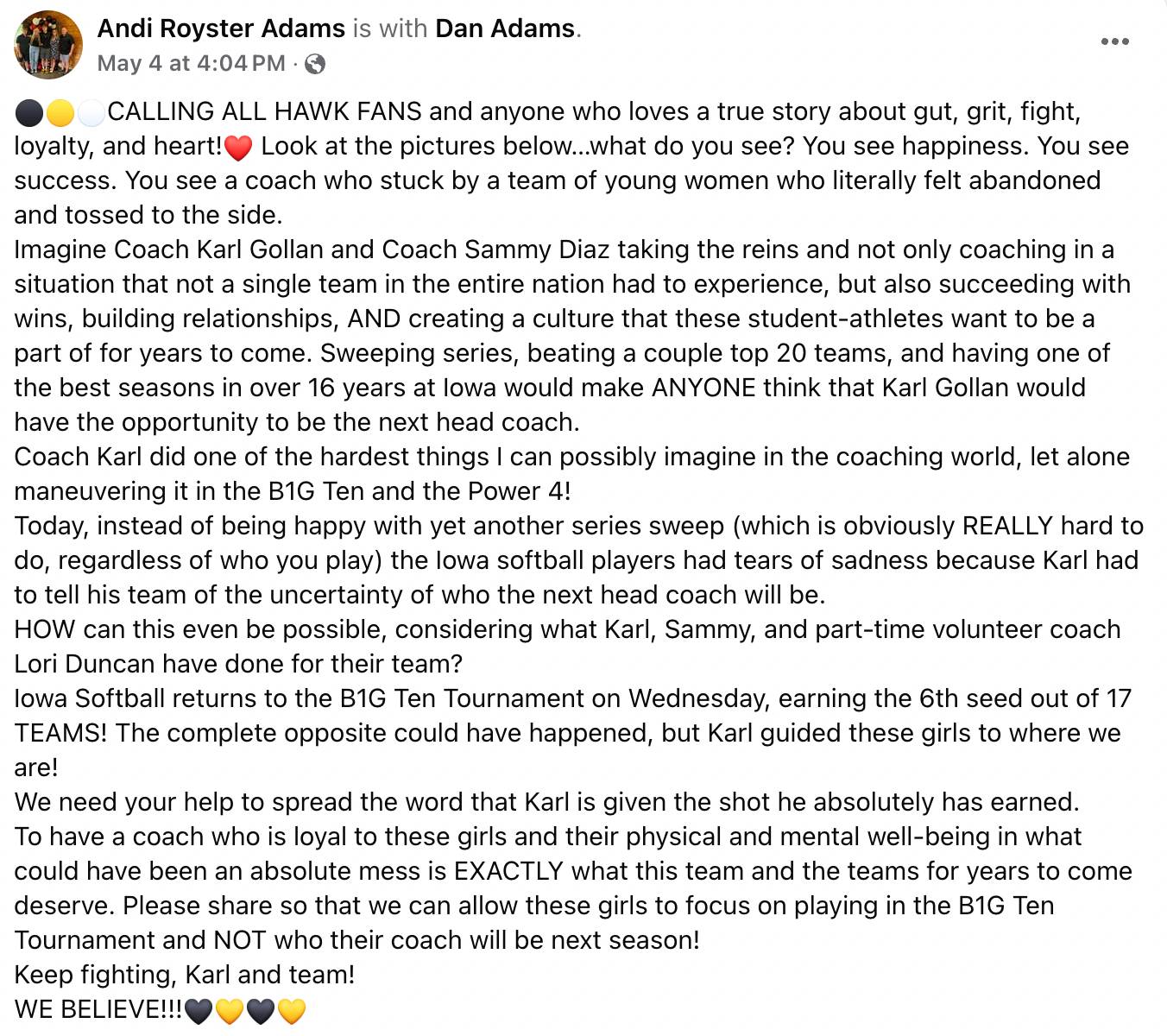 Softball Players, Parents Urge Iowa to Hire Karl Gollan, Admin Welcomes ...