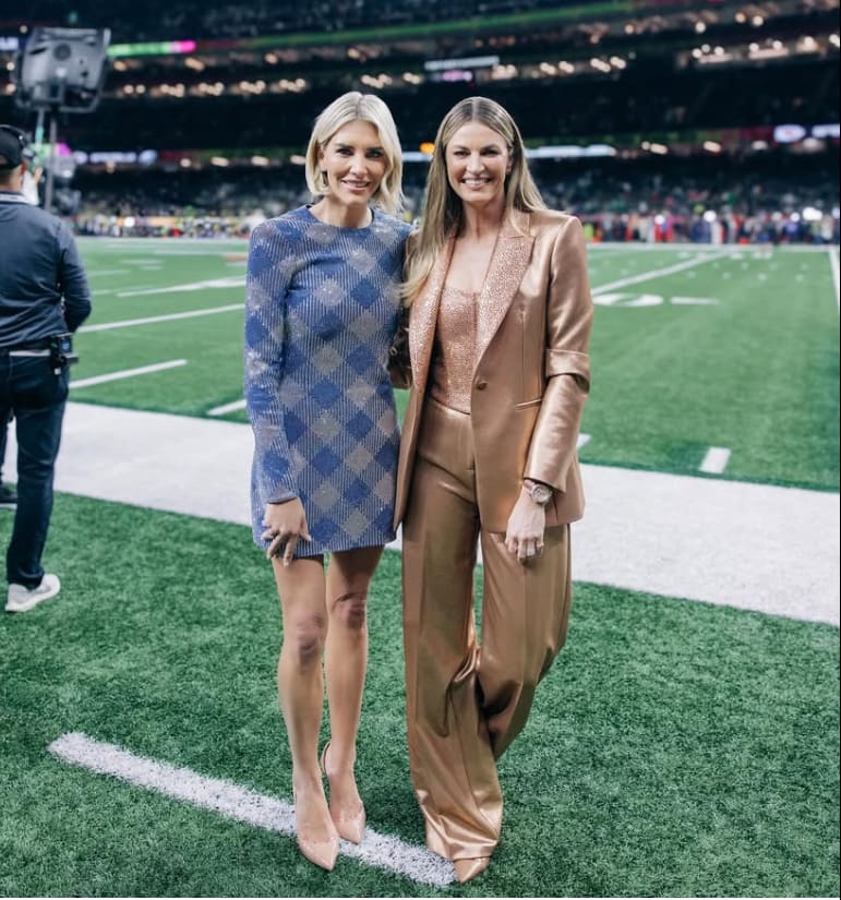 Erin Andrews changes fit at Super Bowl, stuns next to Charissa Thompson