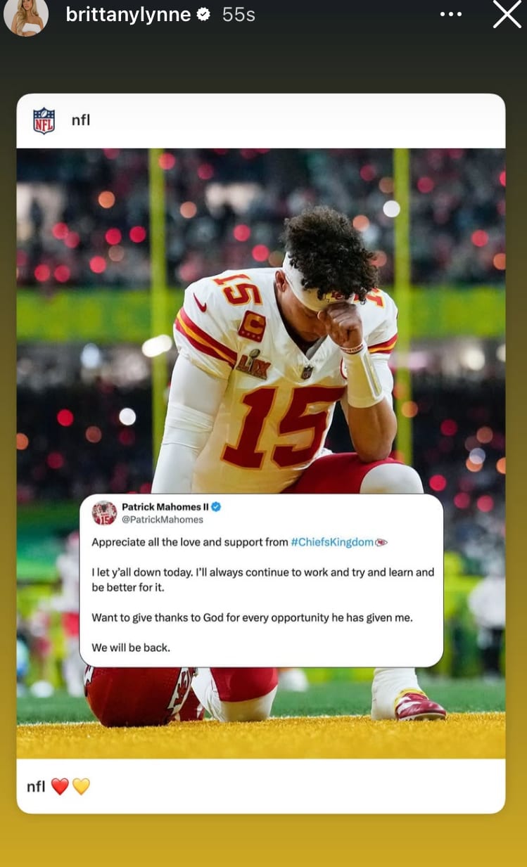 Brittany Mahomes shares 'heart throbs' BTS post from Chiefs Super Bowl loss