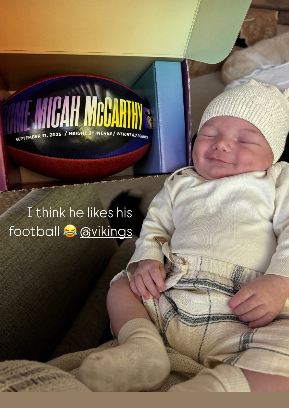 Injured J.J. McCarthy's fiancée Katya shares Vikings gift for baby Rome ...